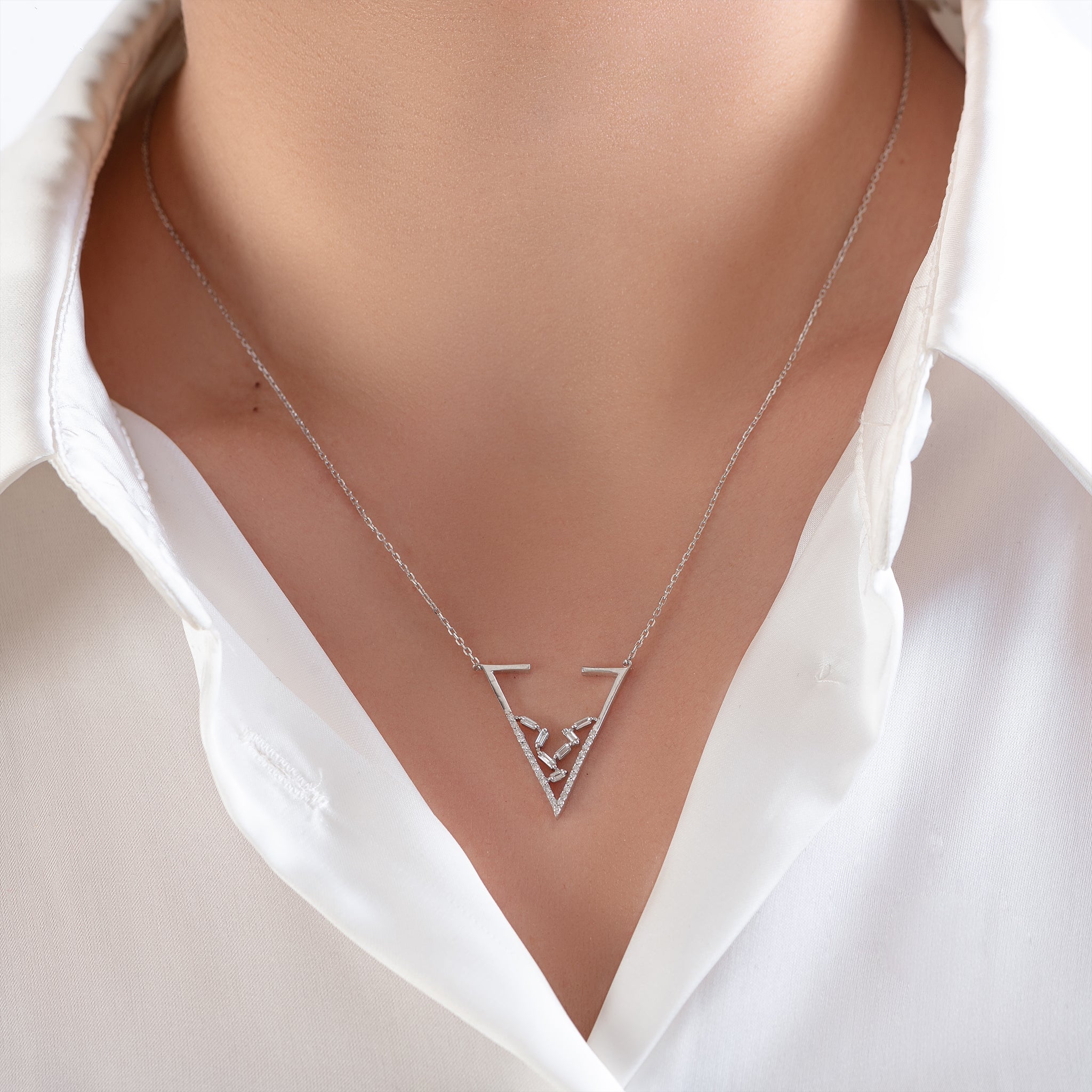 Unique Diamond Triangle with Leaves necklace in white 18K Gold - SIR12 ...
